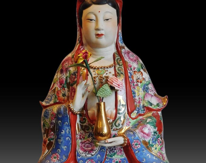 Lg Vintage Chinese Famille Rose Guan Yin Buddha Wucai Ceramic Statue 20 ...