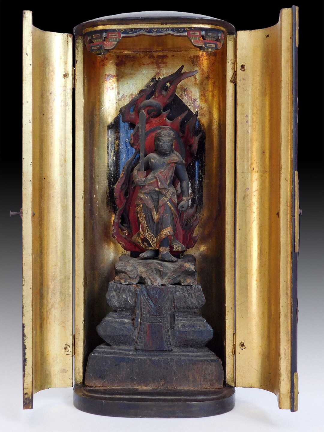 Antique Japanese Edo Fudo Myoo Zushi Shrine Acala Buddha Wood Statue ...