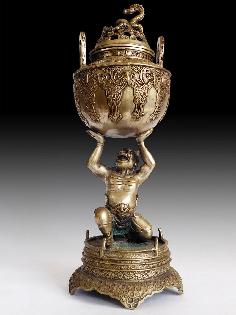 Vintage Chinese Nio Guardian Dragon Bronze Censer Incense Burner 青銅金剛香爐 ...
