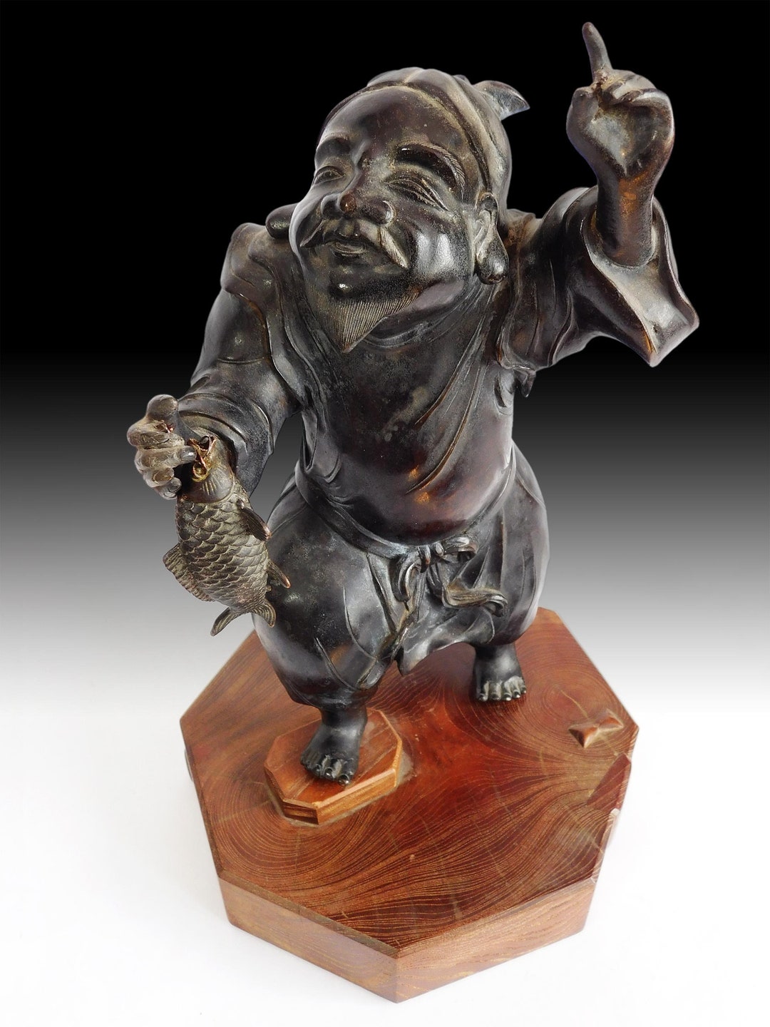 Antique Japanese Lucky God Edo Ebisu Takaoka Doki Bronze Okimono 高岡銅恵比寿 ...