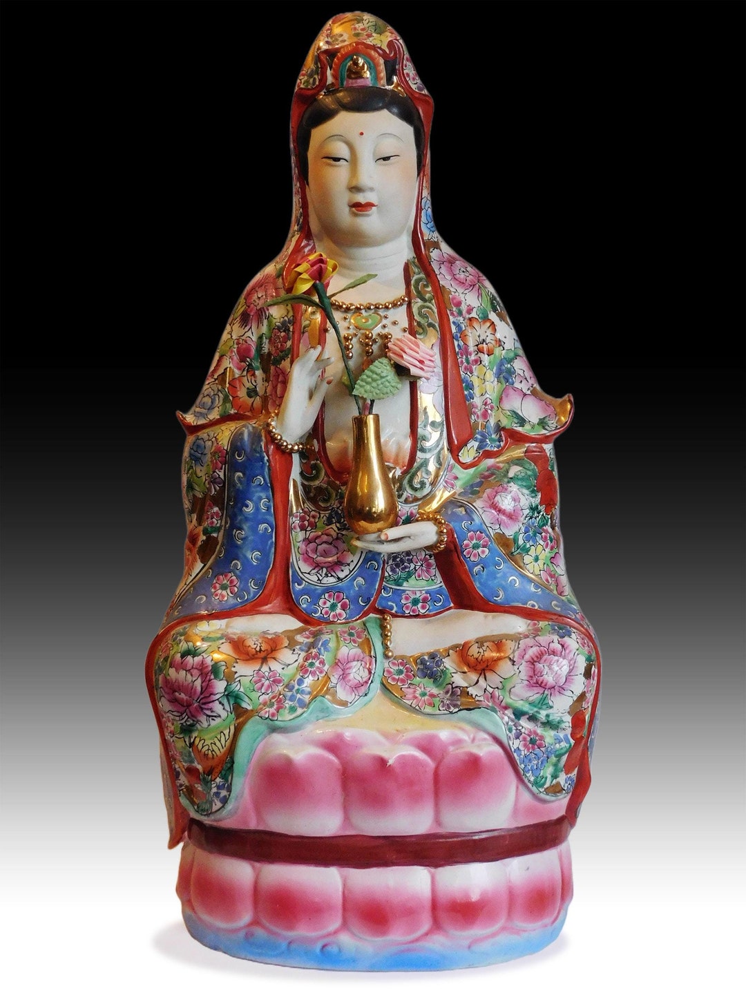 Lg Vintage Chinese Famille Rose Guan Yin Buddha Wucai Ceramic Statue 20 ...