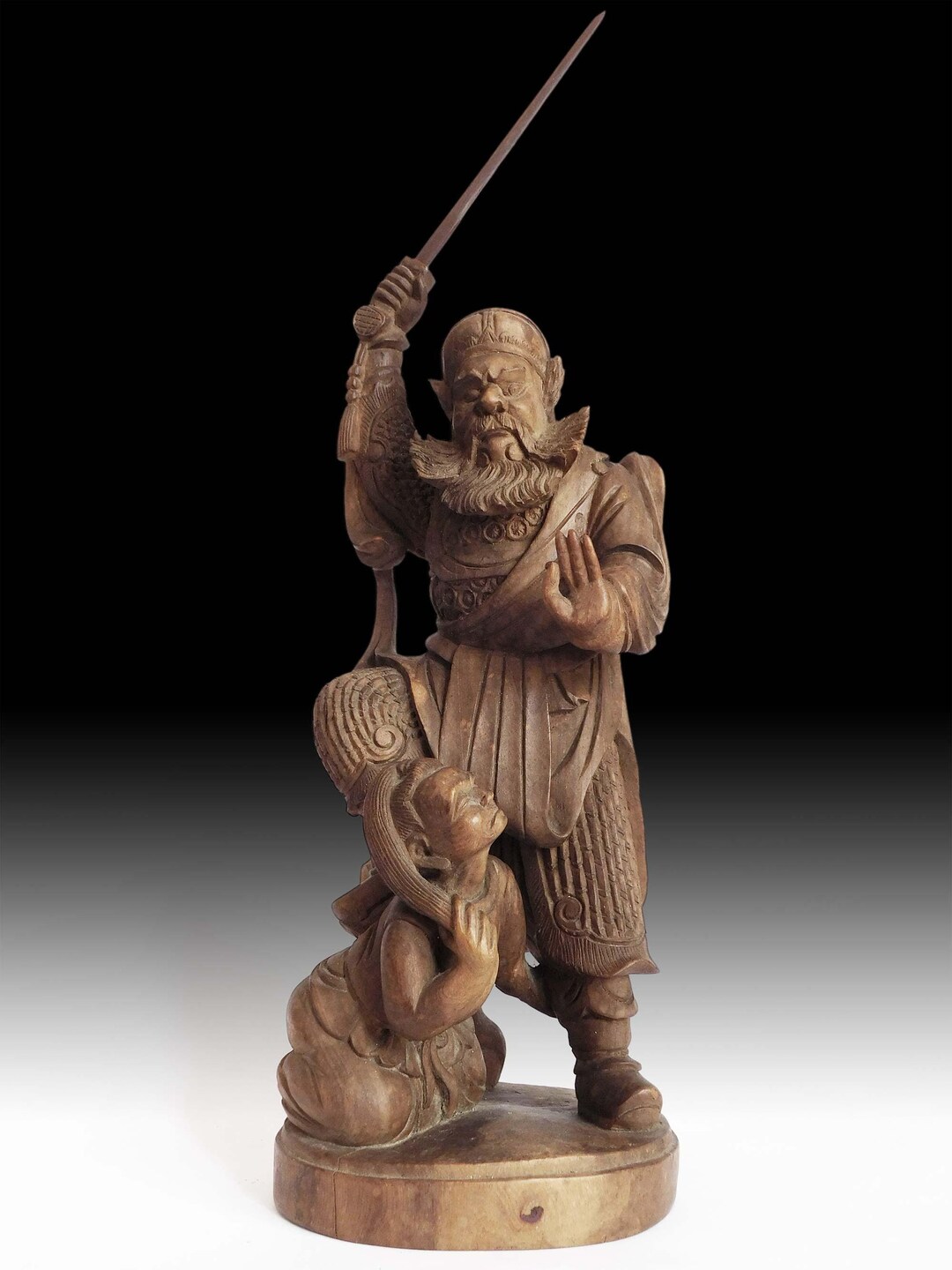 Vintage Chinese Demon Hunter Shoki Zhong Kui Boxwood Carving 15"h 鍾馗打鬼 ...