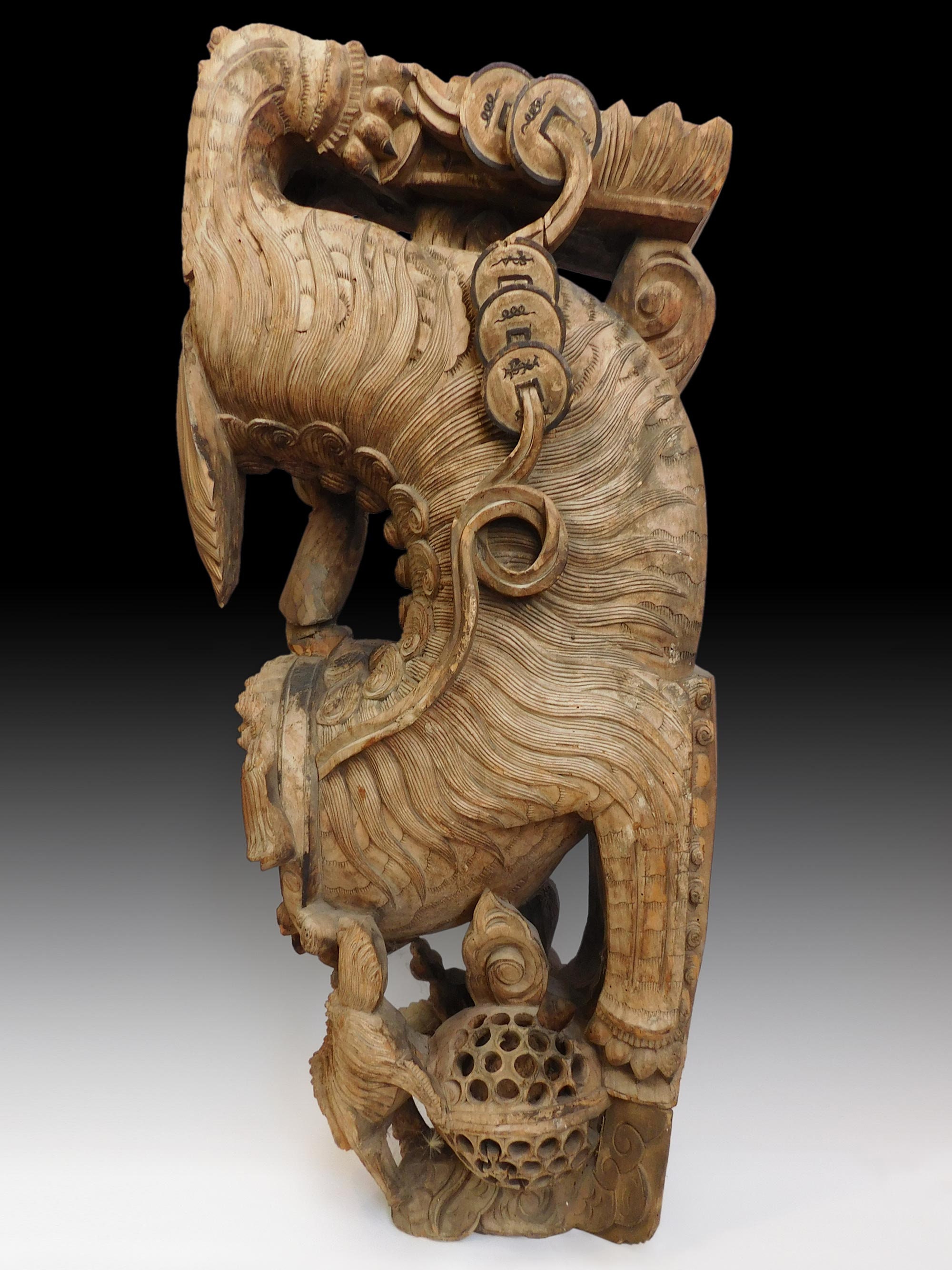 Antique Chinese Carved Hardwood Foo Dog Guardian Lion Pillar Strut ...