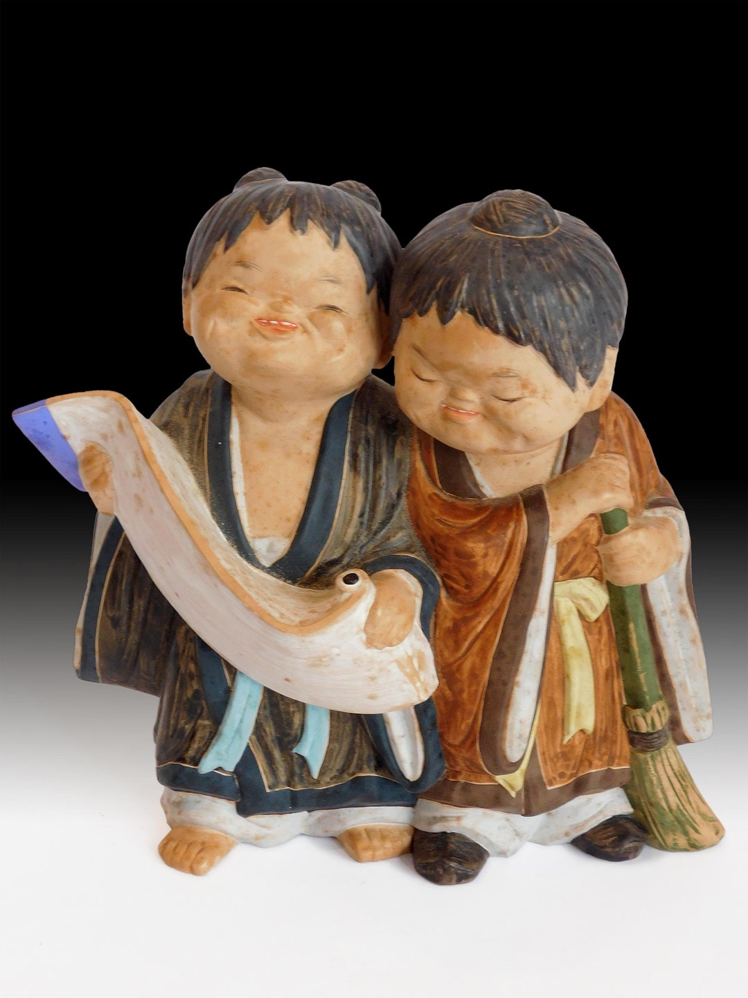 Vintage Japanese Zen Master Kanzan Jittoku Hakata Ningyo Dooshyaku ...