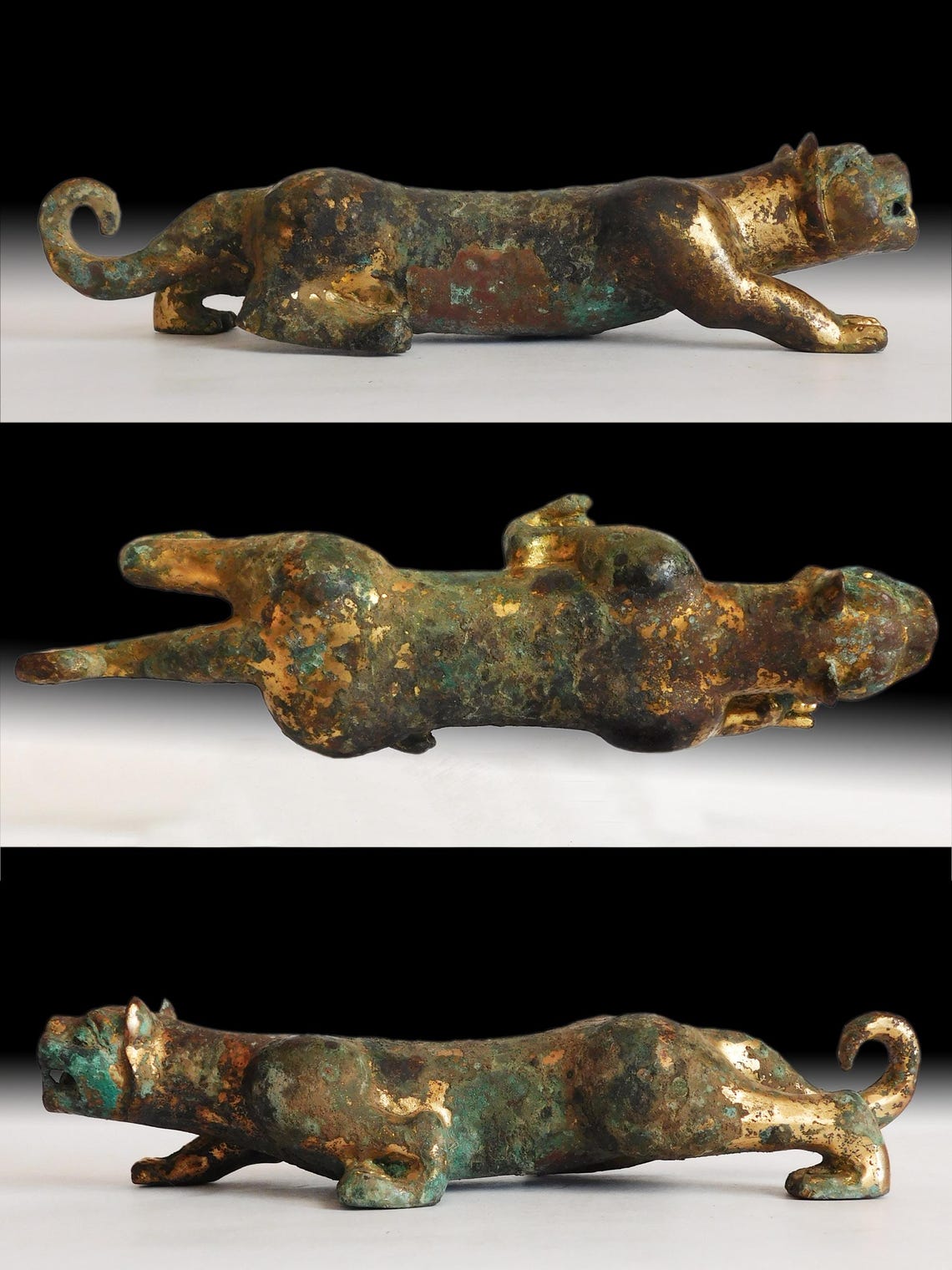 Antique Chinese Excavated Gold Gilded Bronze Tiger Tally Scroll Weight ...