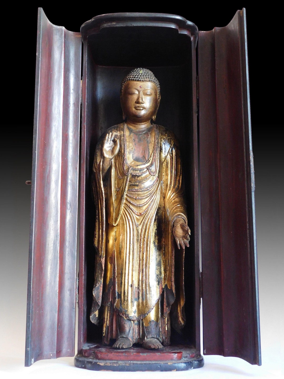 Japanese Muromachi Gilt Wood Amida Nyorai Antique Buddha Zushi Shrine ...