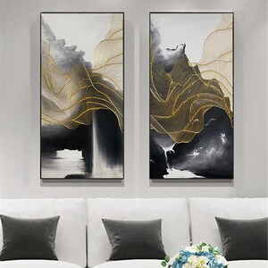 2 Pieces Gold Lines Abstract Painting on Canvas Original Acrylic ...