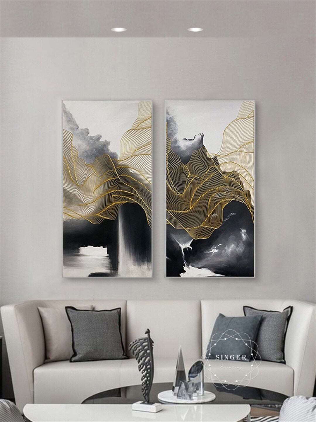 2 Pieces Gold Lines Abstract Painting on Canvas Original Acrylic ...