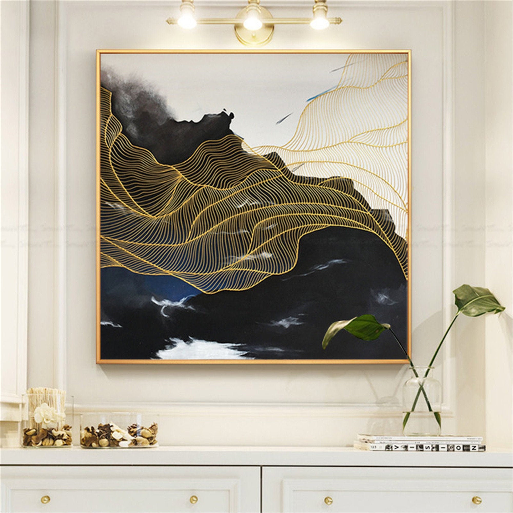 Gold Lines Abstract Painting on Canvas Wall Art Picture for | Etsy