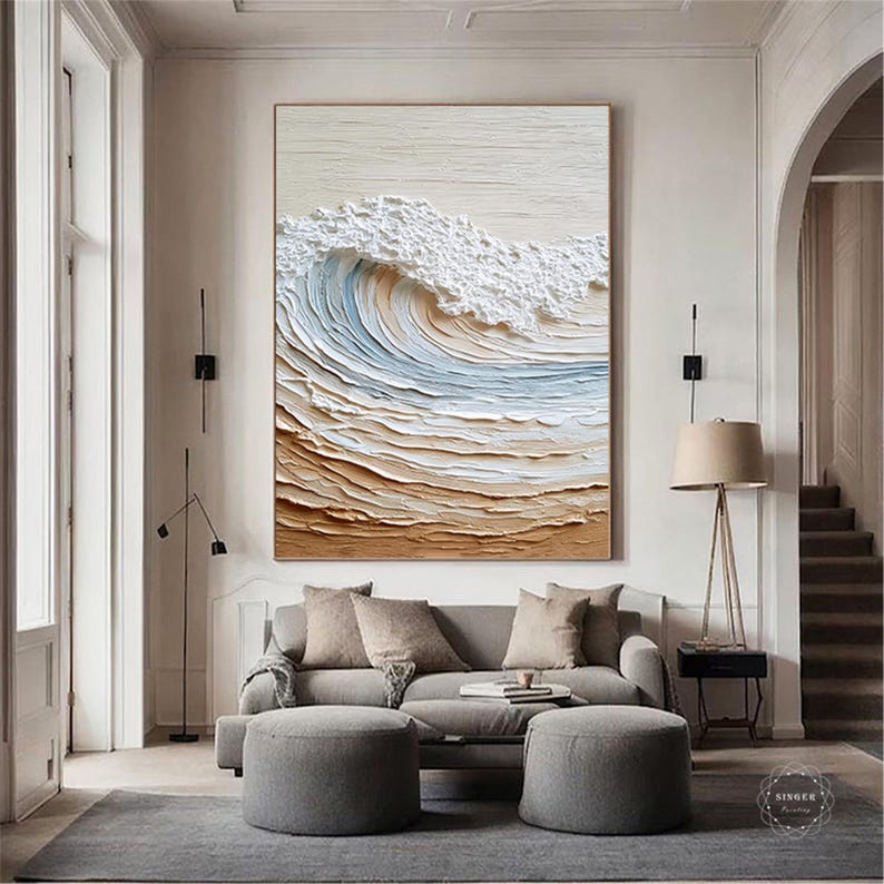 Abstract Seascape Wall Art,textured Ocean Painting,cream Blue Coastal ...