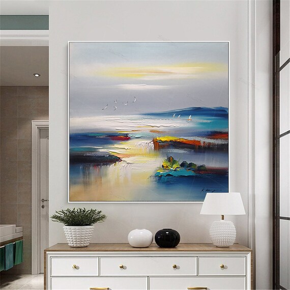 Navy Blue Abstract Painting Framed Canvas Wall Art Pictures - Etsy