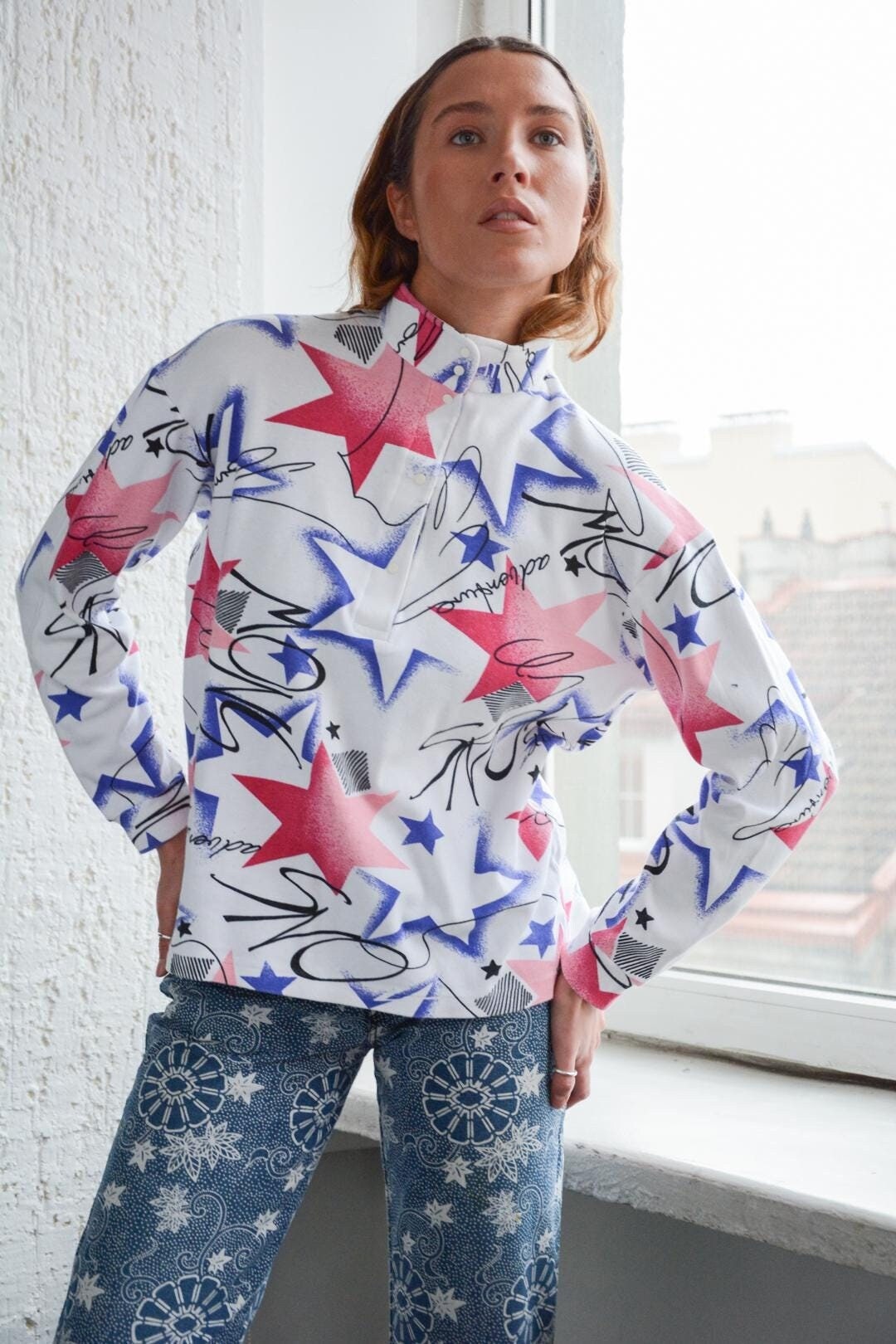 Vintage White Abstract Print High Collar Top - Etsy