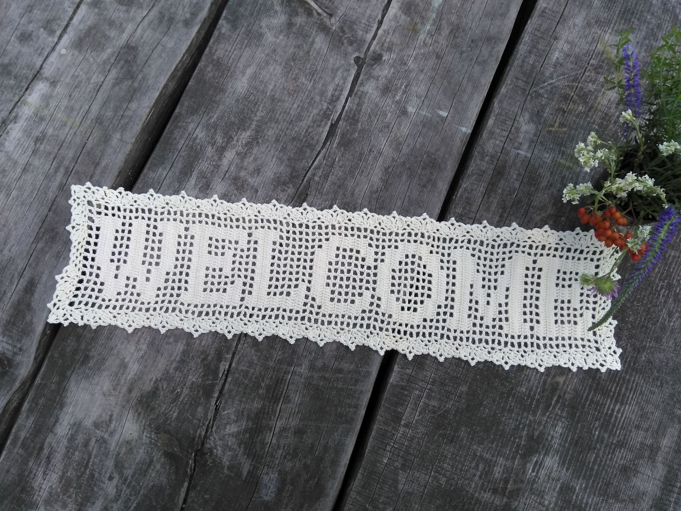 Home Décor White crochet name doily for table decoration Welcome sign ...