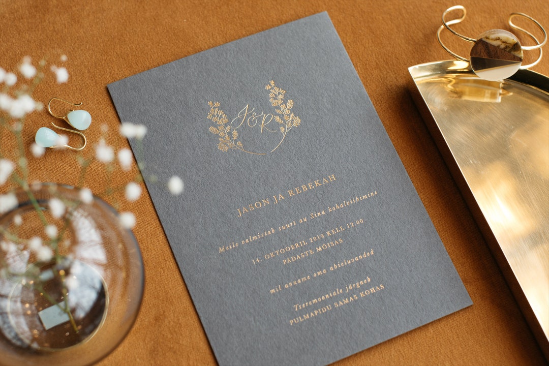 Gray Foil Press Wedding Invitation on Textured Paper | Gold Foil - Etsy