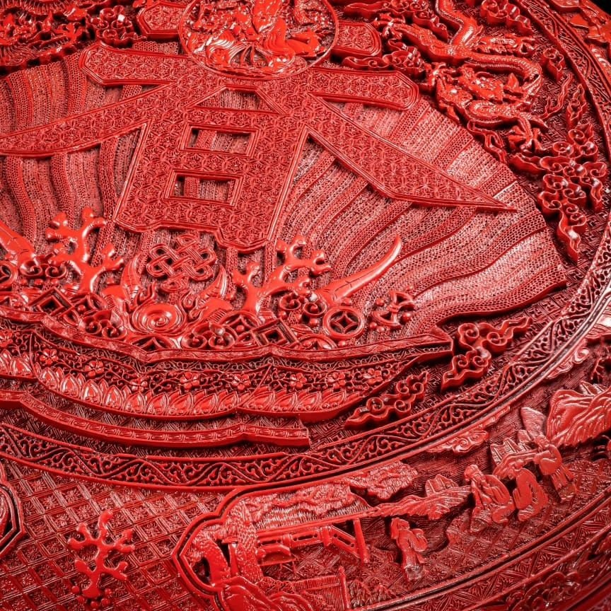 A Superbly Carved Cinnabar Lacquer chun Box and Cover, Qianlong Mark ...