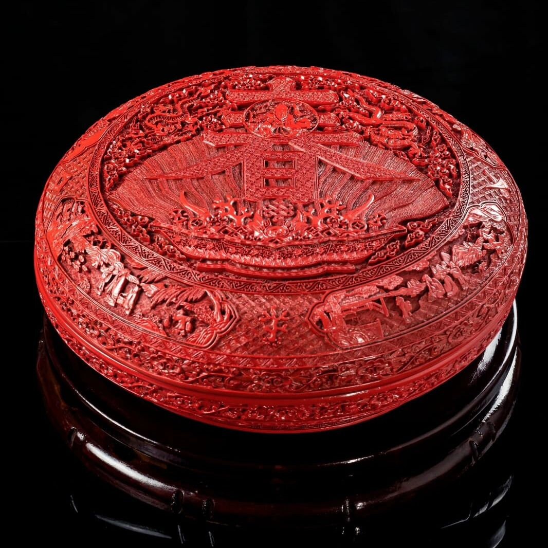 A Superbly Carved Cinnabar Lacquer chun Box and Cover, Qianlong Mark ...