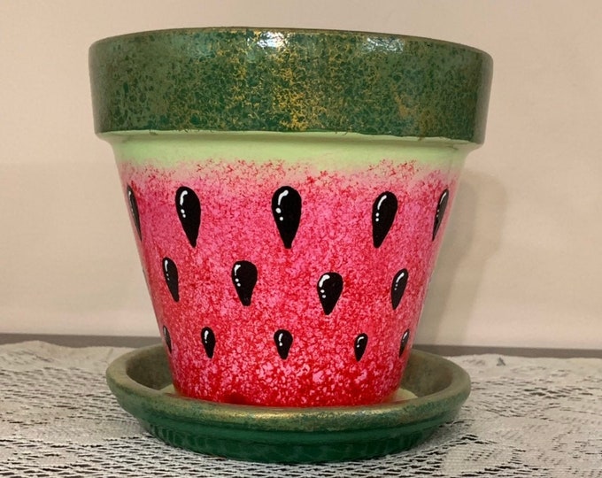 Hand Painted Terra Cotta Watermelon Pot and Matching Saucer - Etsy