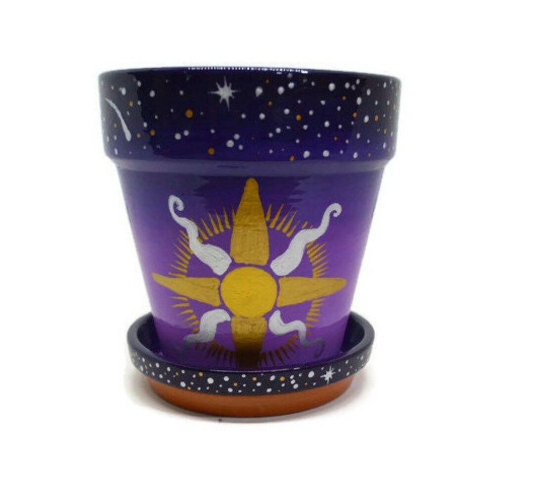 5 Inch Hand Painted Terra Cotta Planter, Purple Galaxy With Sun - Etsy