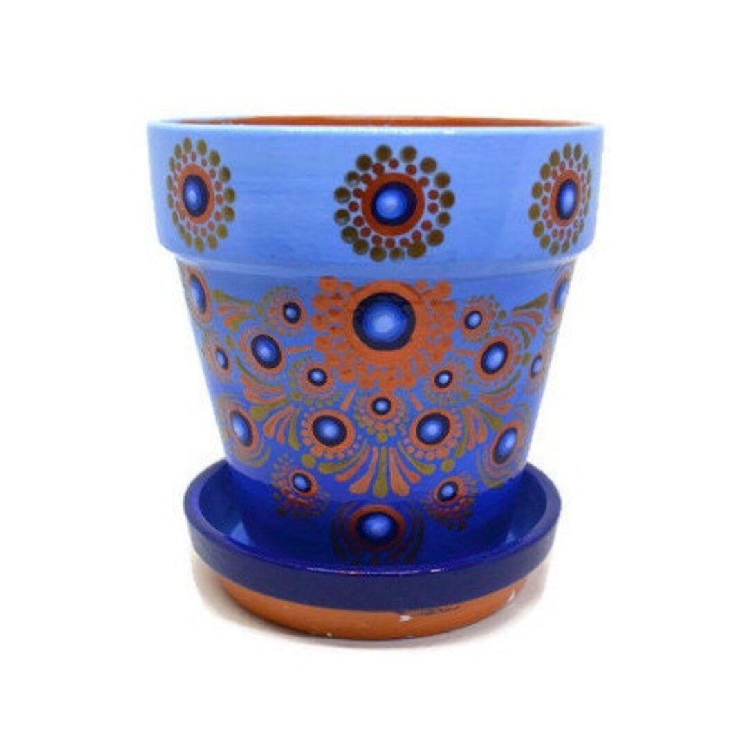 5 Inch Hand Painted Terra Cotta Planter With Matching Saucer, Bright ...