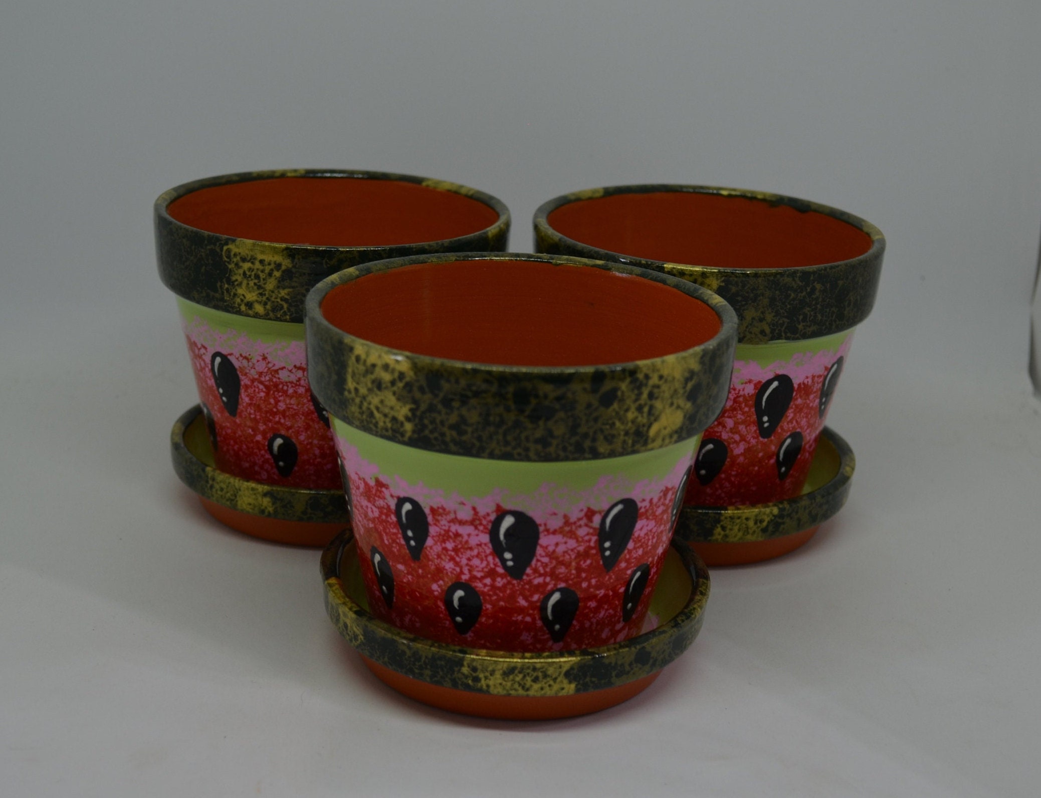 Hand Painted Terra Cotta Watermelon Pot and Matching Saucer - Etsy