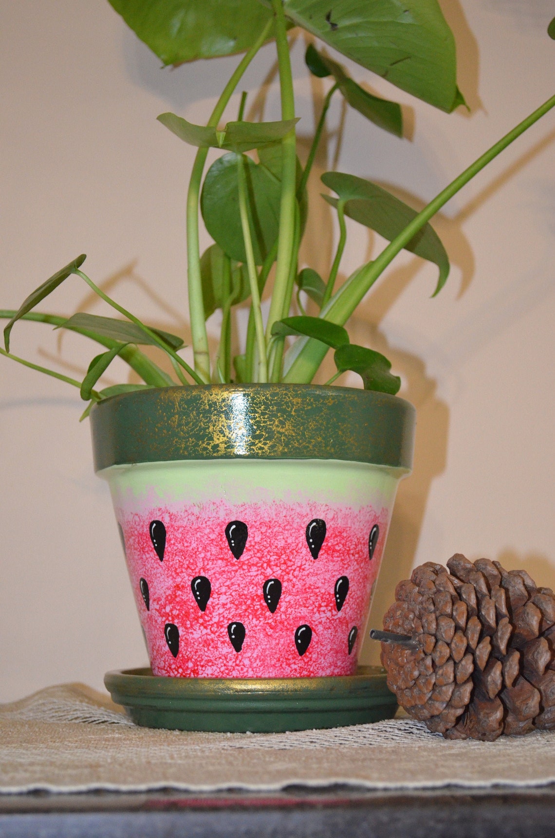 Hand Painted Terra Cotta Watermelon Pot and Matching Saucer - Etsy