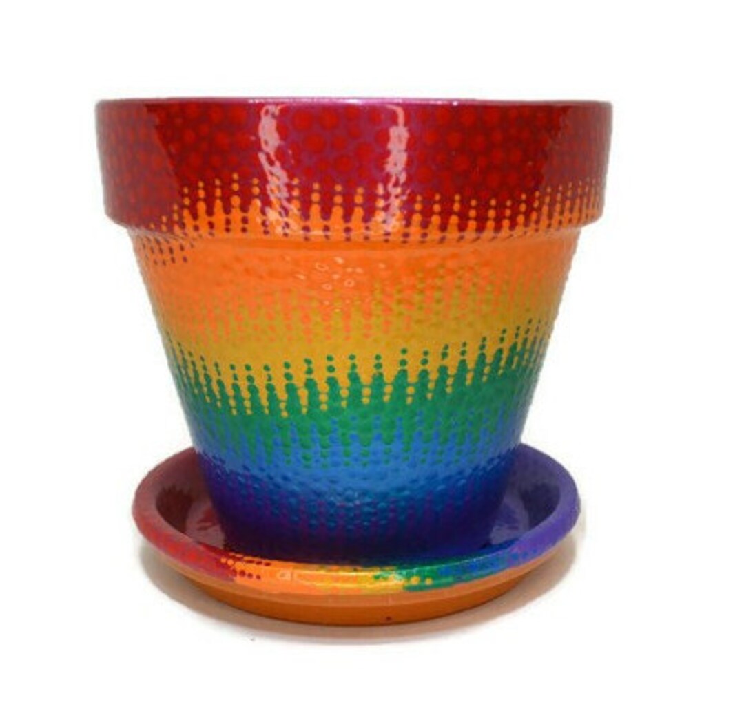 6 Inch Hand Painted Terra Cotta Planter With Matching Saucer, Metallic ...