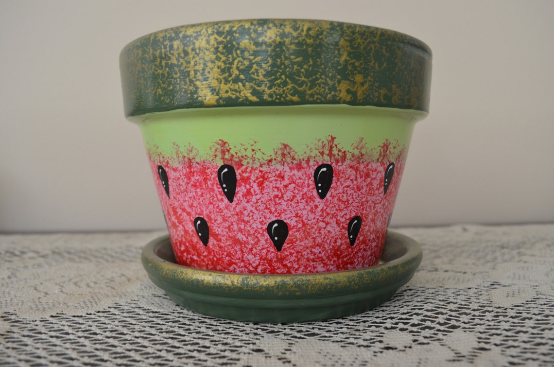 Hand Painted Terra Cotta Watermelon Pot and Matching Saucer - Etsy
