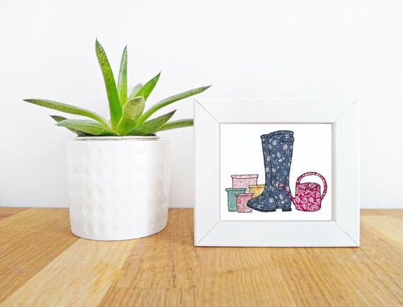 Wellies Framed Print Free Motion Embroidery Print Garden | Etsy