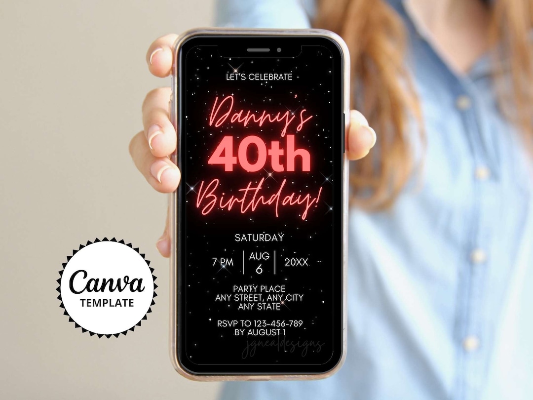 Red 40th Birthday Party Invitation | Digital Neon Red and Black Dinner ...