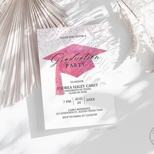 Graduation Party Printable Invitation, Pink Glitter Canva Template ...