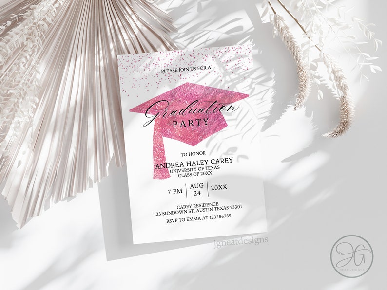 Graduation Party Printable Invitation, Pink Glitter Canva Template ...