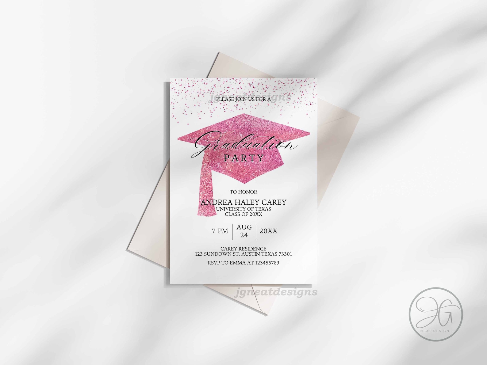 Graduation Party Printable Invitation, Pink Glitter Canva Template ...