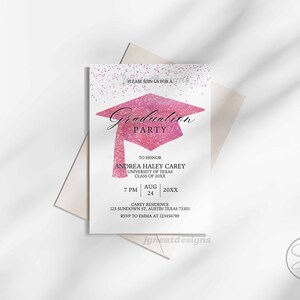 Graduation Party Printable Invitation, Pink Glitter Canva Template ...
