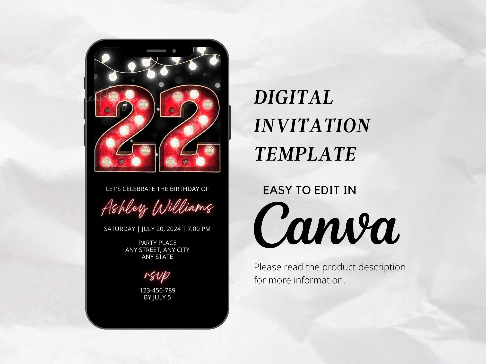 Red 22nd Birthday Invitation, Adult Birthday Invite, Phone Canva ...