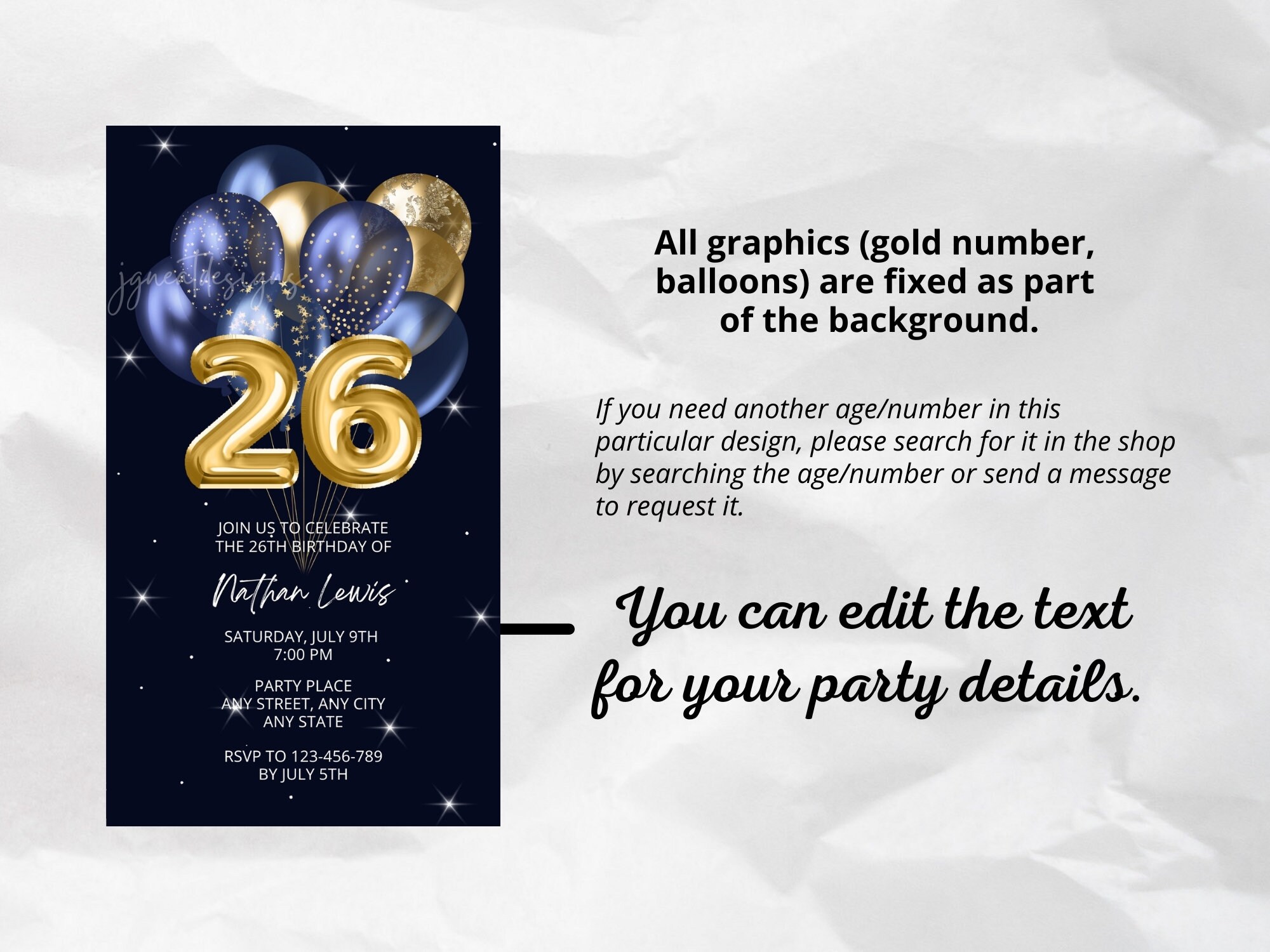26th Birthday Invitation, Digital Invite, Editable Birthday Invitation ...