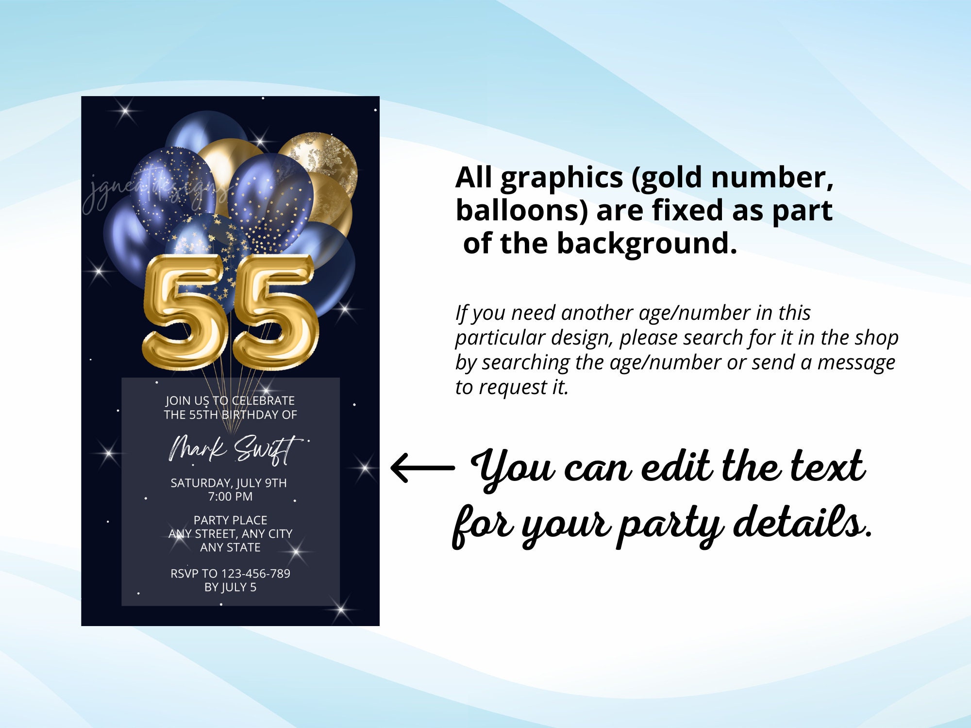 55th Birthday Digital Invitation, Electronic Invite, Mobile Phone ...