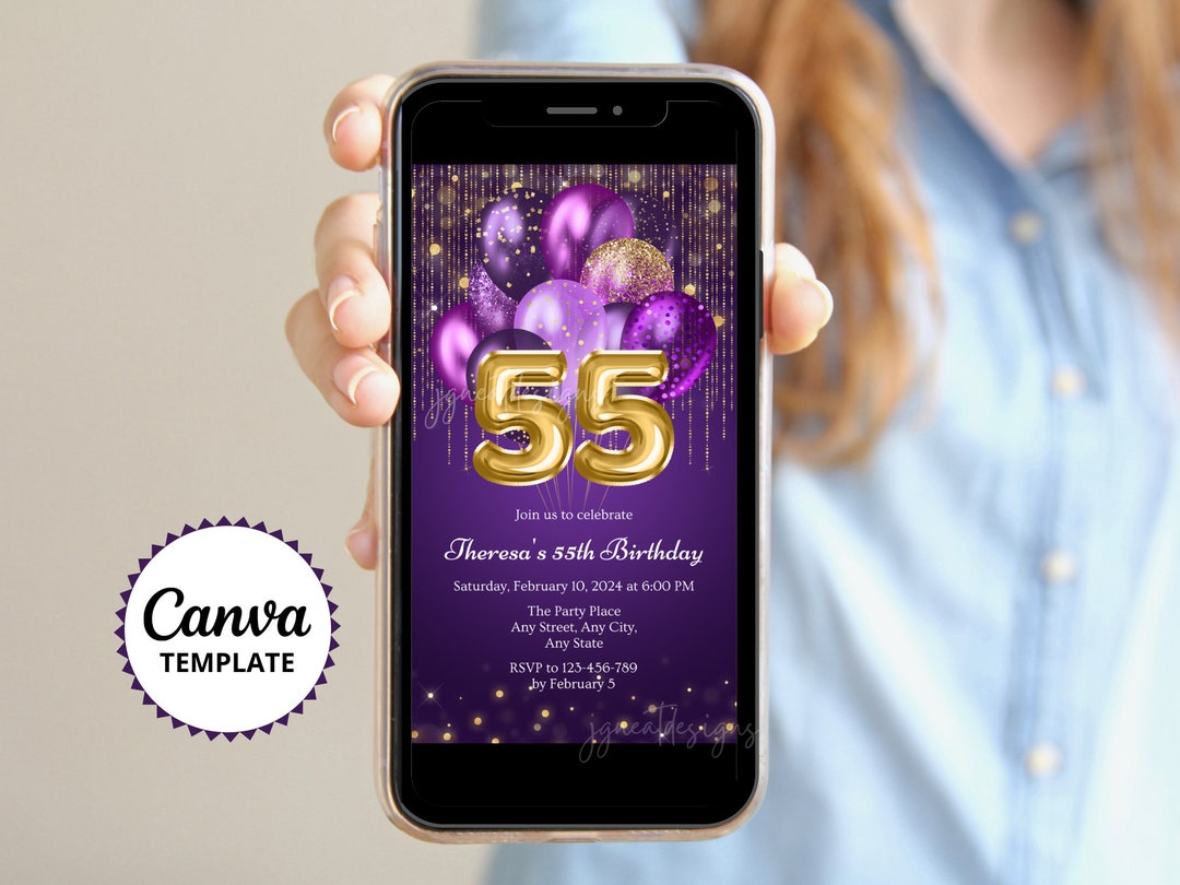 55th Birthday Invitation, Purple Birthday Invite, Canva Template, Fifty ...