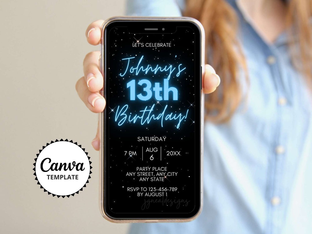 Blue 13th Birthday Party Invitation | Digital Neon Blue and Black ...