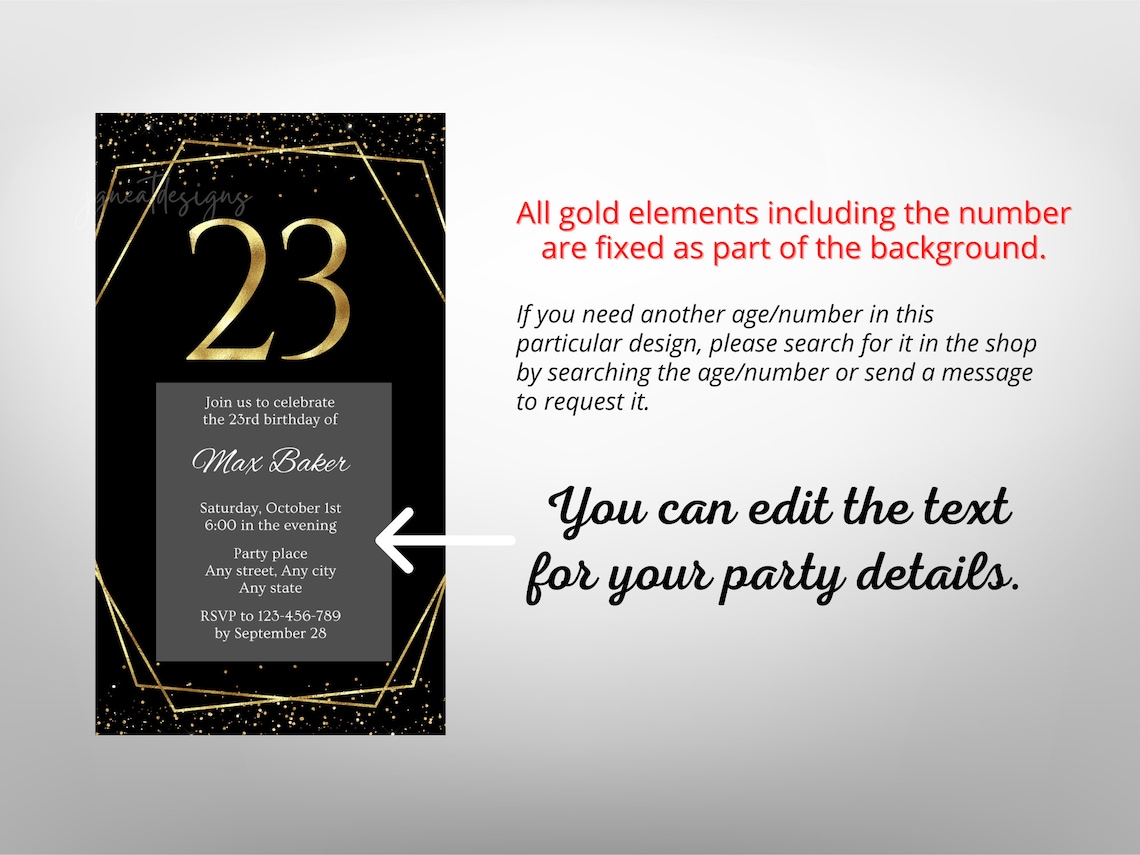 23rd Birthday Digital Invitation, Canva Template, Editable Invite ...