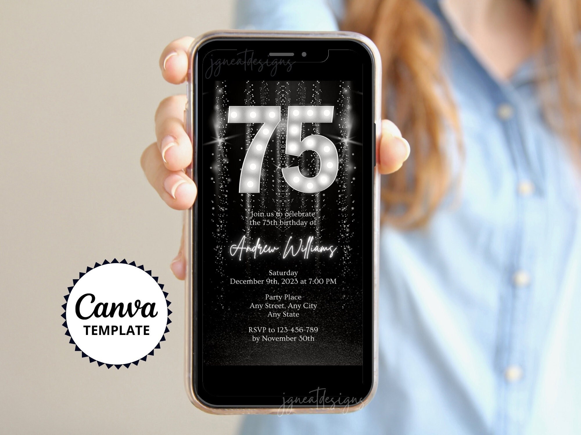 75th Birthday Silver Digital Invitation, Electronic Black Silver White ...