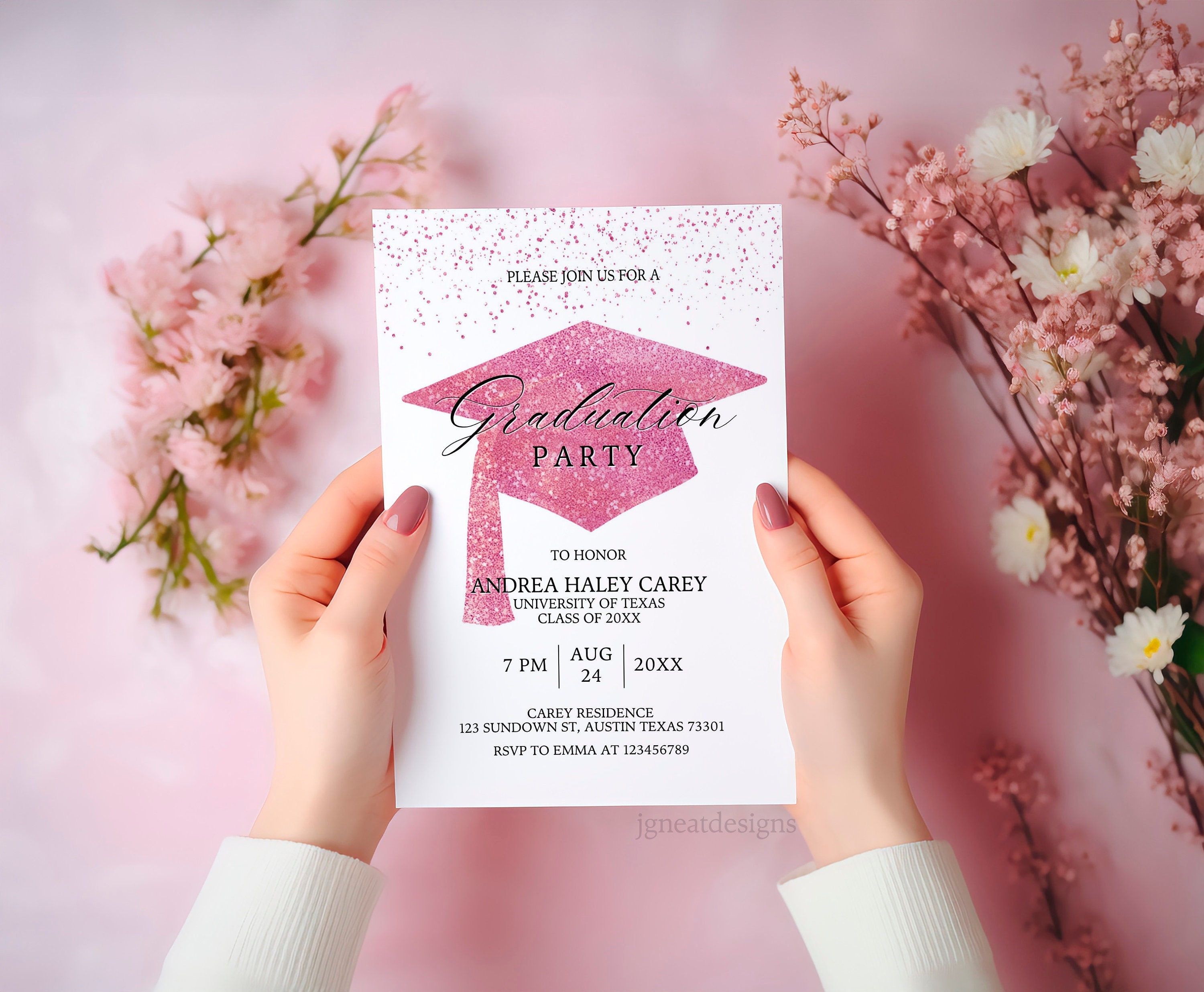 Graduation Party Printable Invitation, Pink Glitter Canva Template ...