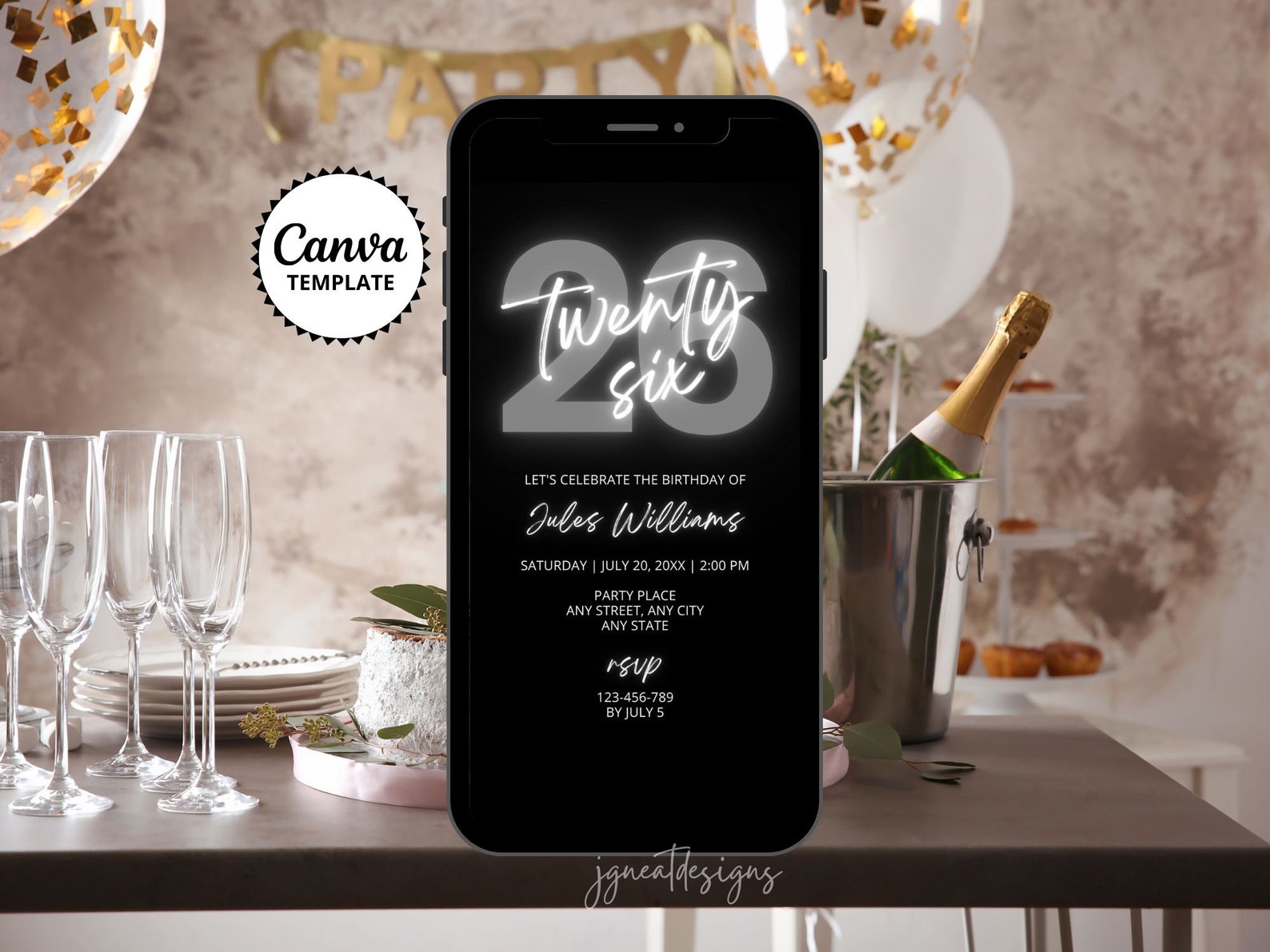 26th Birthday Invitation, Gray Black Neon Text, DIY Canva Template - Etsy