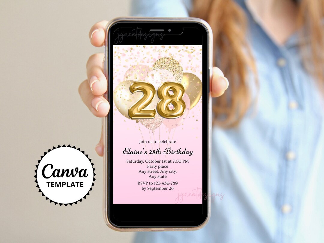 Pink Gold 28th Birthday Invitation, Digital Birthday Text Invite ...