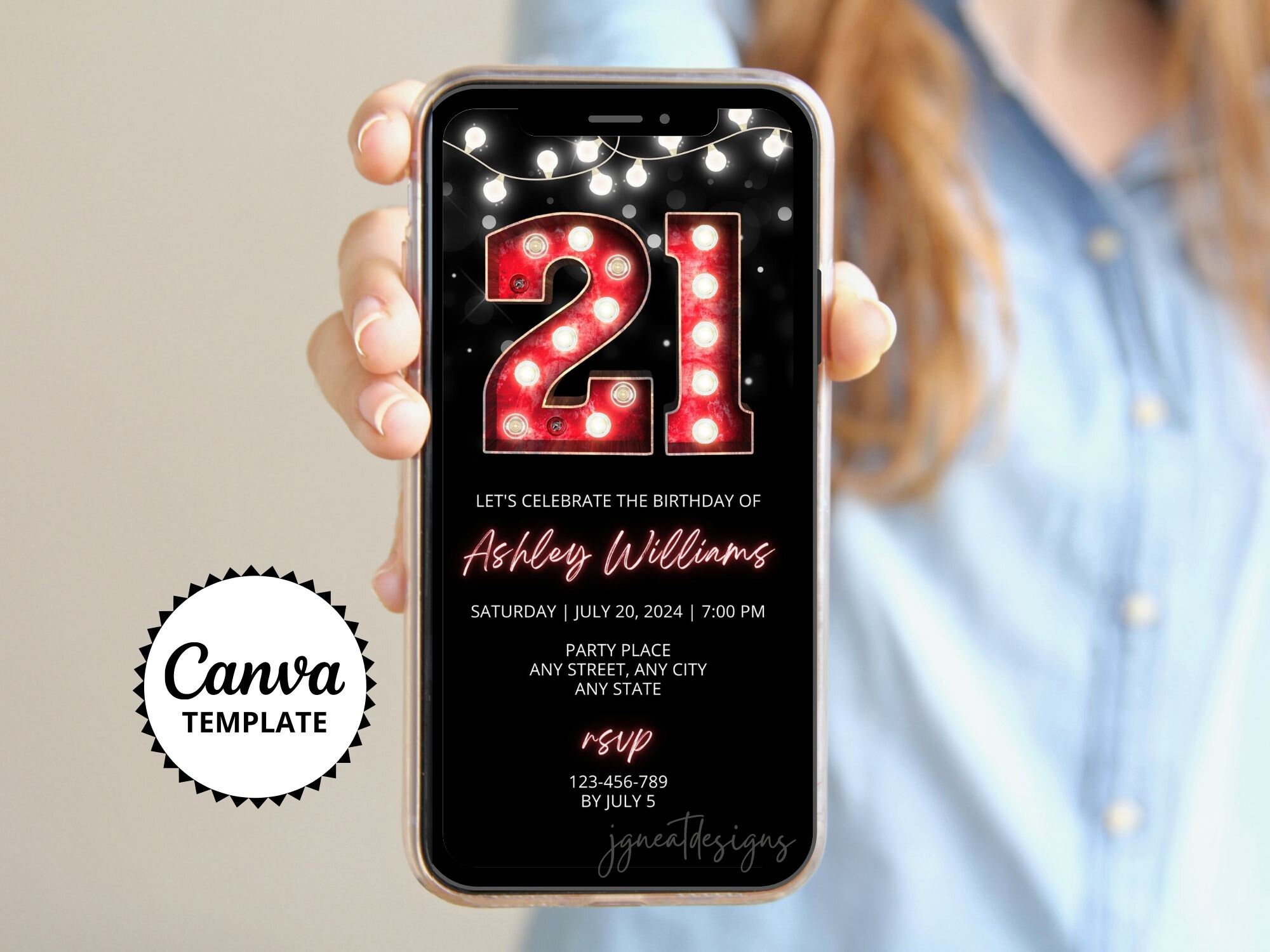 Red Marquee 21st Birthday Invitation: Editable Canva Phone Template - Etsy