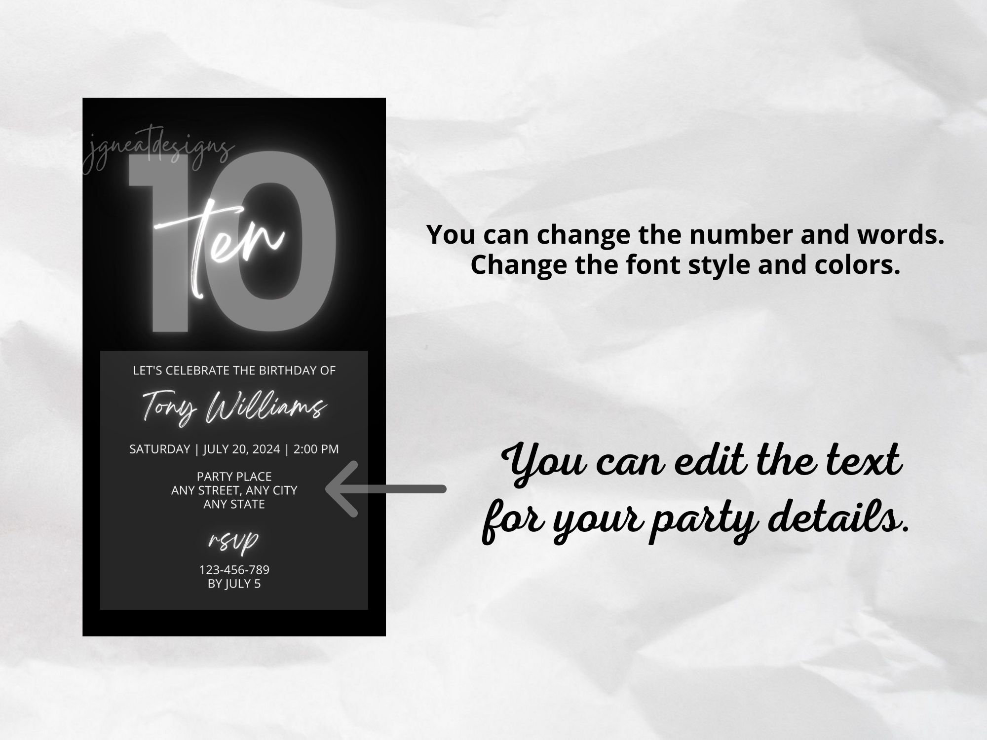 Gray 10th Birthday Digital Invite, Kids Neon Gray Black Phone ...