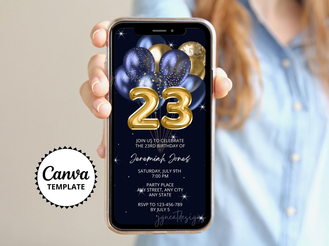 23rd Birthday Digital Invitation, Blue Gold Birthday Dinner Electronic ...