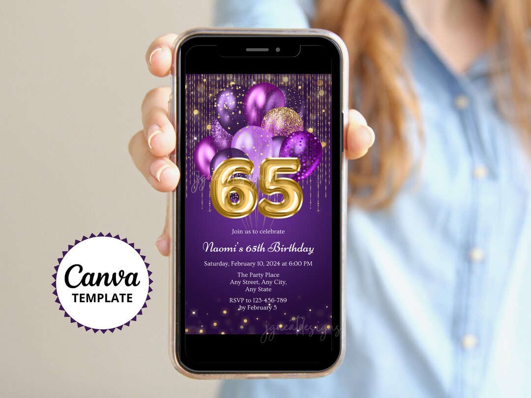 65th Birthday Invitation, Purple Birthday Invite, Canva Template, Sixty ...