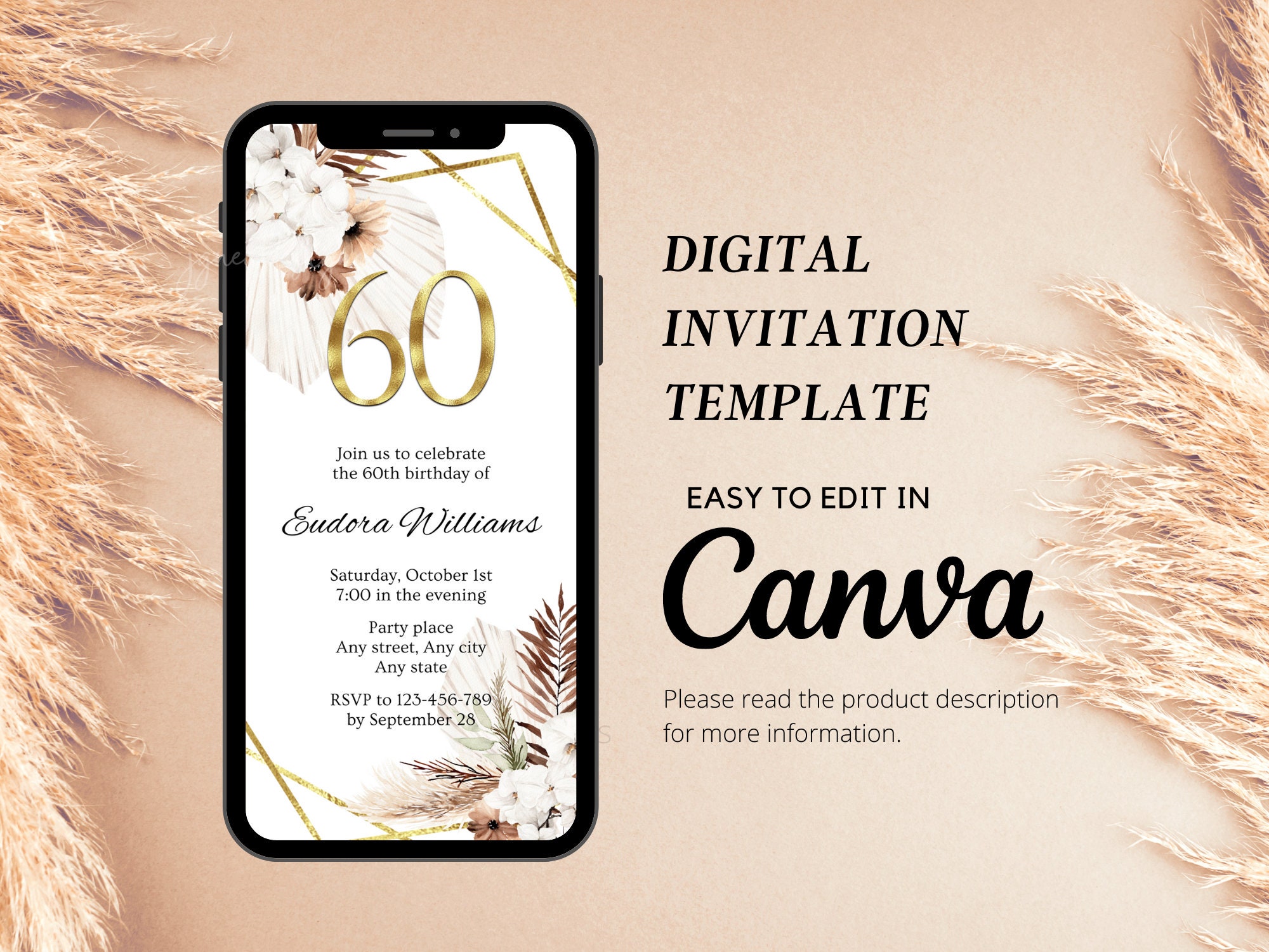 60th Birthday Text Invitation, Canva Template Editable, Senior Birthday ...