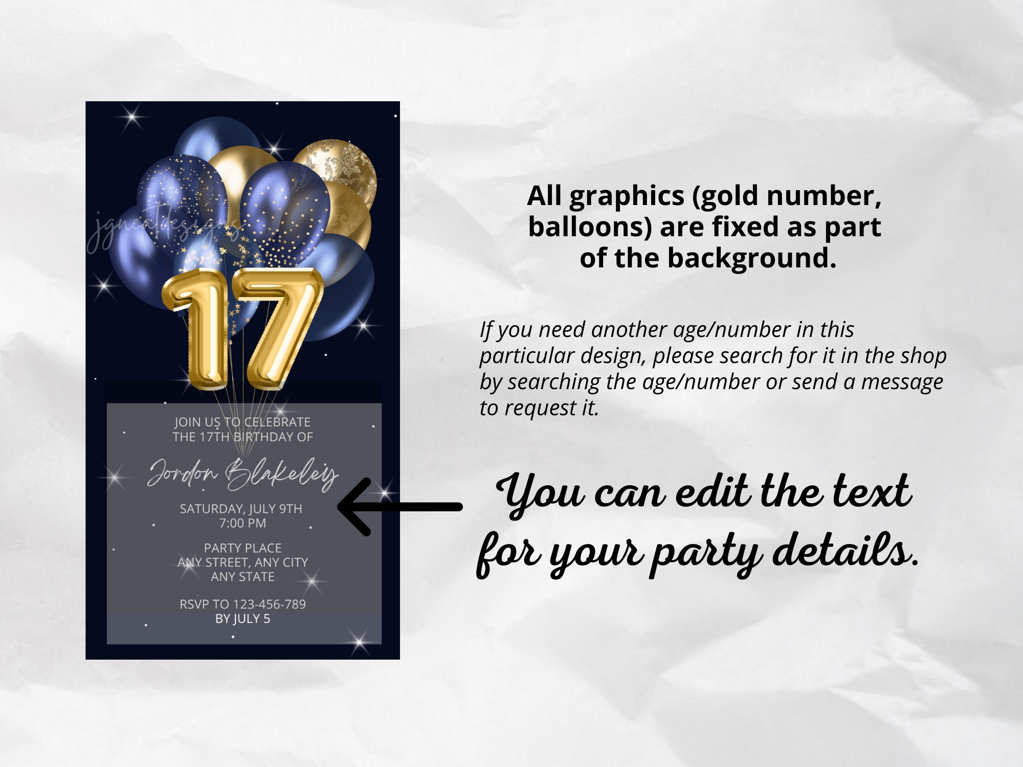17th Birthday Digital Invitation, Teen Birthday Invitation, Blue Gold ...