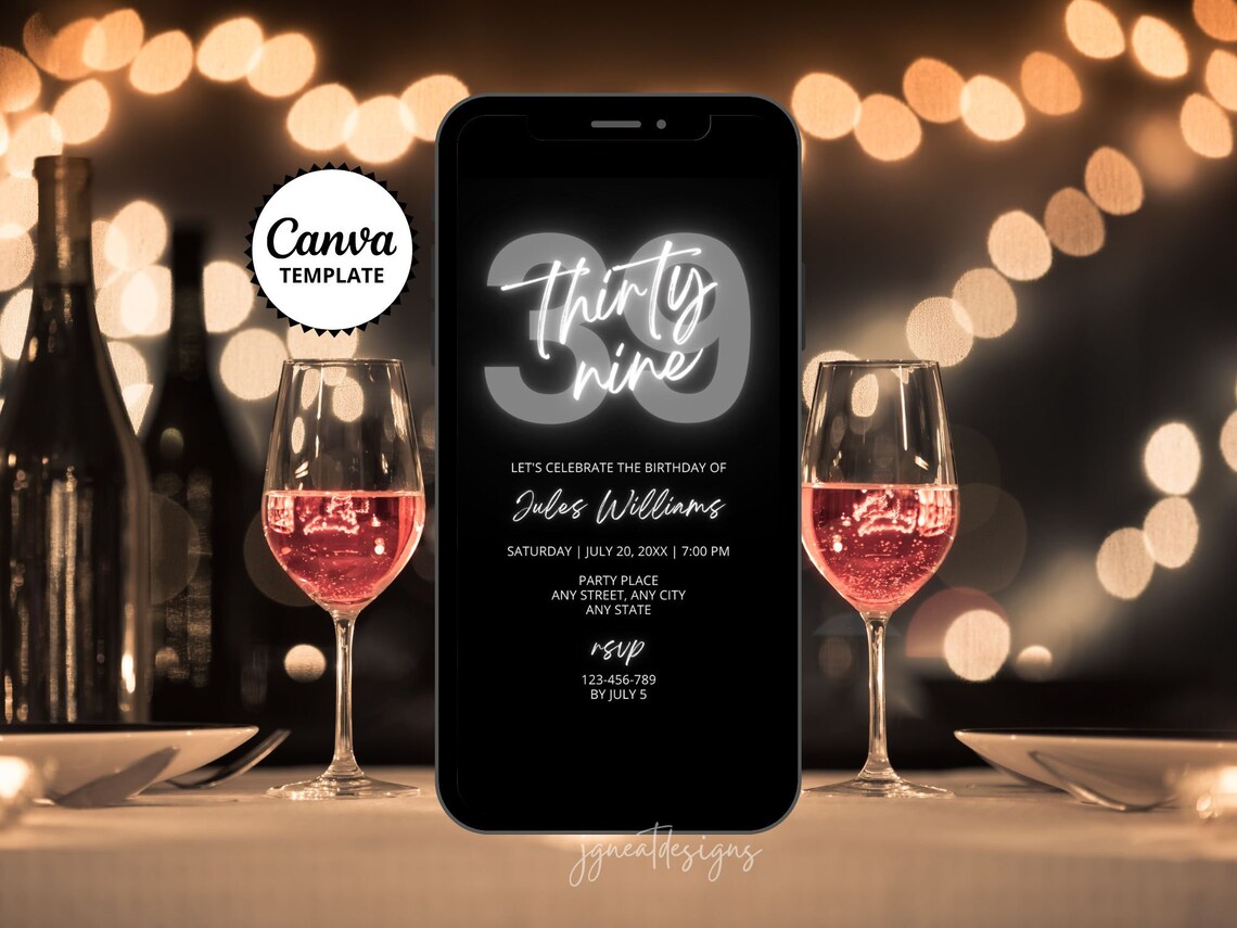 39th Black Gray Birthday Invitation, Digital Birthday Dinner Invitation ...